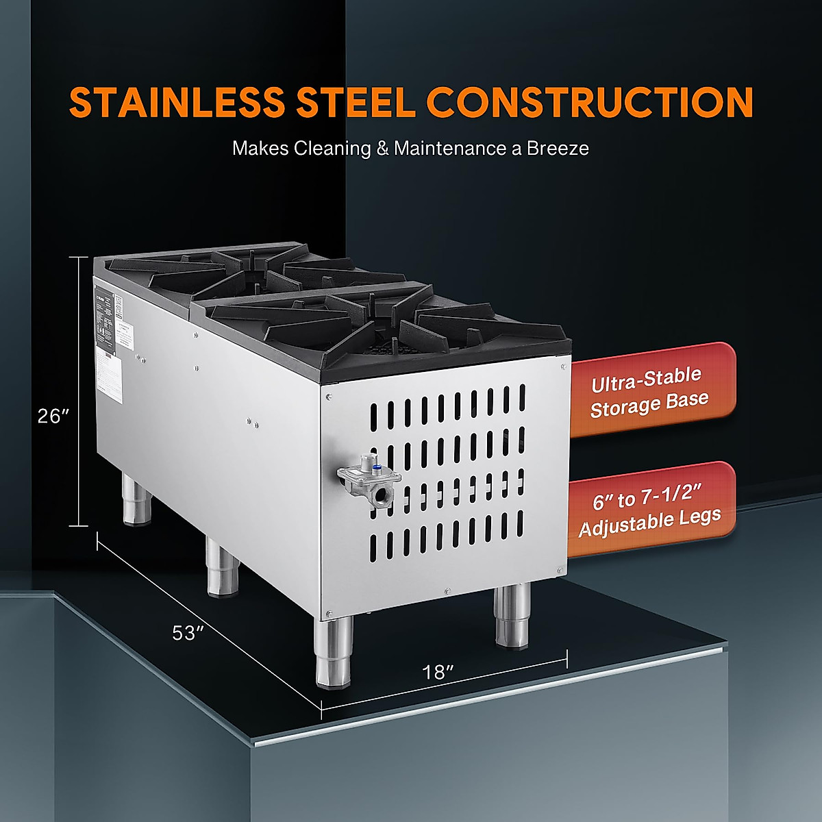 WILPREP Commercial Gas Range, 2 Burner Gas Stove with Total 160,000 BTU, 53" Natural Gas Range with Propane Conversion Kit Grates, Stainless Steel Gas Range Stove for Restaurant Kitchen