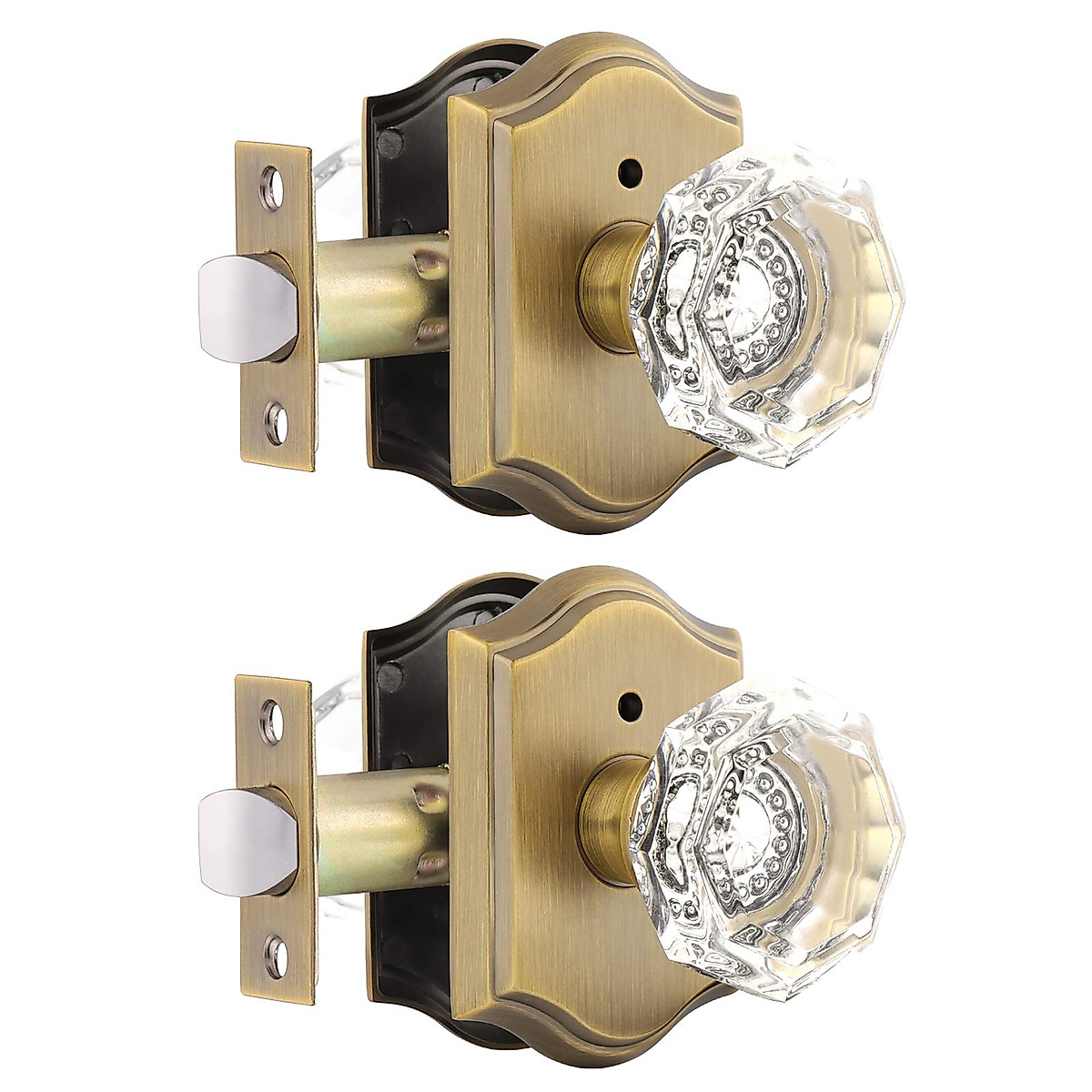 Gobrico Privacy Door Lock Sets Crystal Knobs Heavy Duty Door Hardware,Keyless Bath/Bed Door Knobset with Lock Inside,Push Pin Button,Antique Brass Arched Rosette,2 Pack
