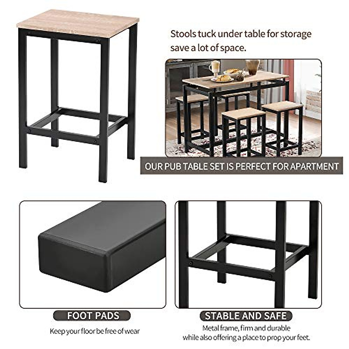 Rockjame Dining Table Set, Upgrade Version 5 Piece Counter Height Pub Table Set with 4 Chairs for The Bar, Breakfast Nook, Kitchen Room, Dining Room and Living Room (Oak)