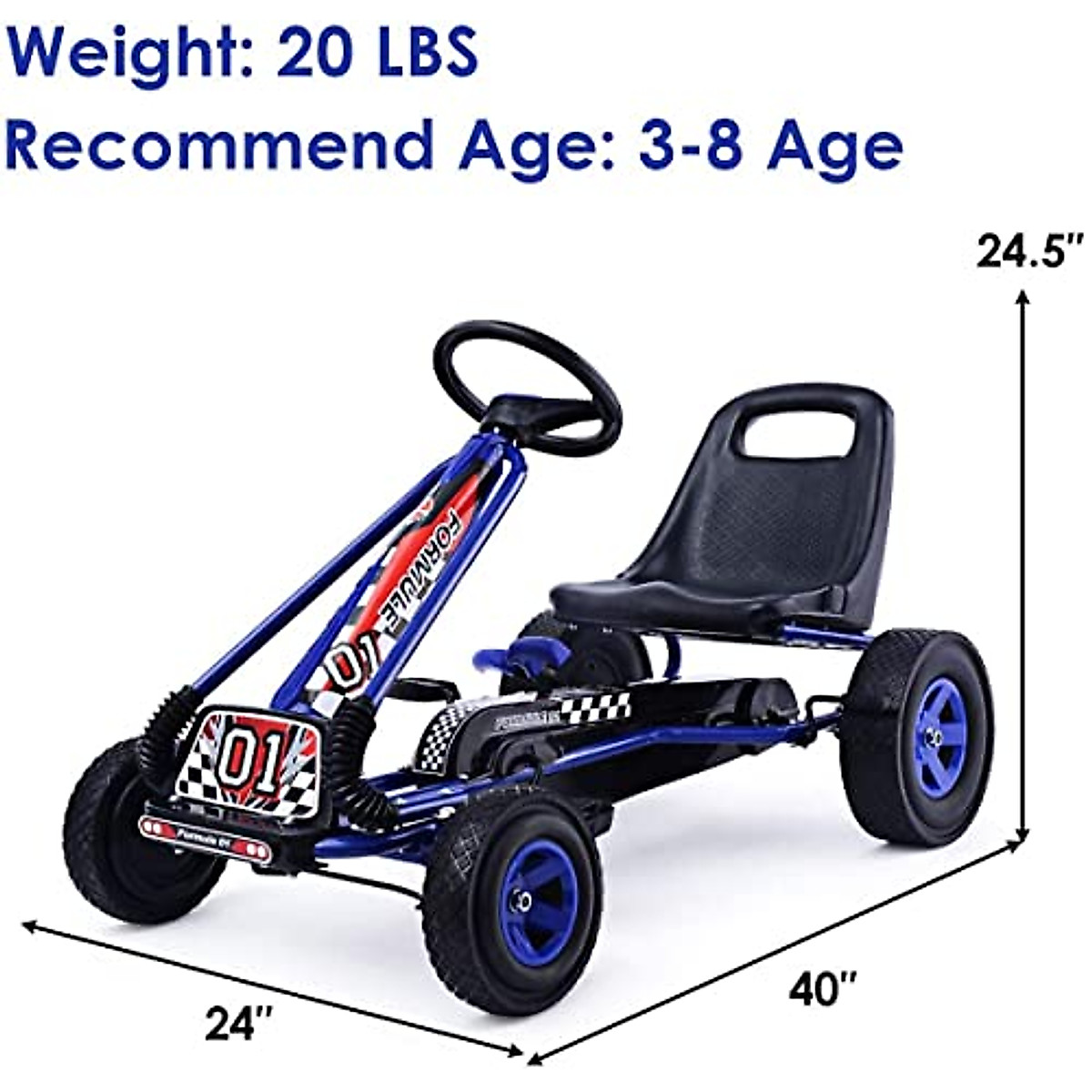 HOMGX Pedal Go Kart, Outdoor Kids Off-Road Pedal Go Kart with 2-Position Adjustable Bucket Seat, 4 Steering Wheel, 2 Safety Brakes, EVA Rubber Tires, Pedal Powered Ride On Kart for Boys, Girls (Blue)
