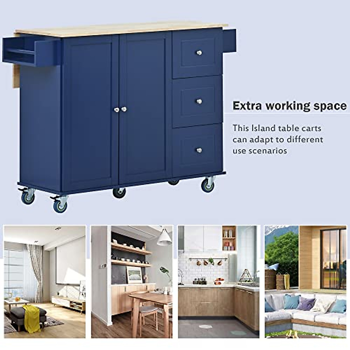 FEELLE Rolling Mobile Kitchen Island with Drop Leaf - Solid Wood Top, Locking Wheels & Storage Cabinet 52.7 Inch Width（Dark Blue）