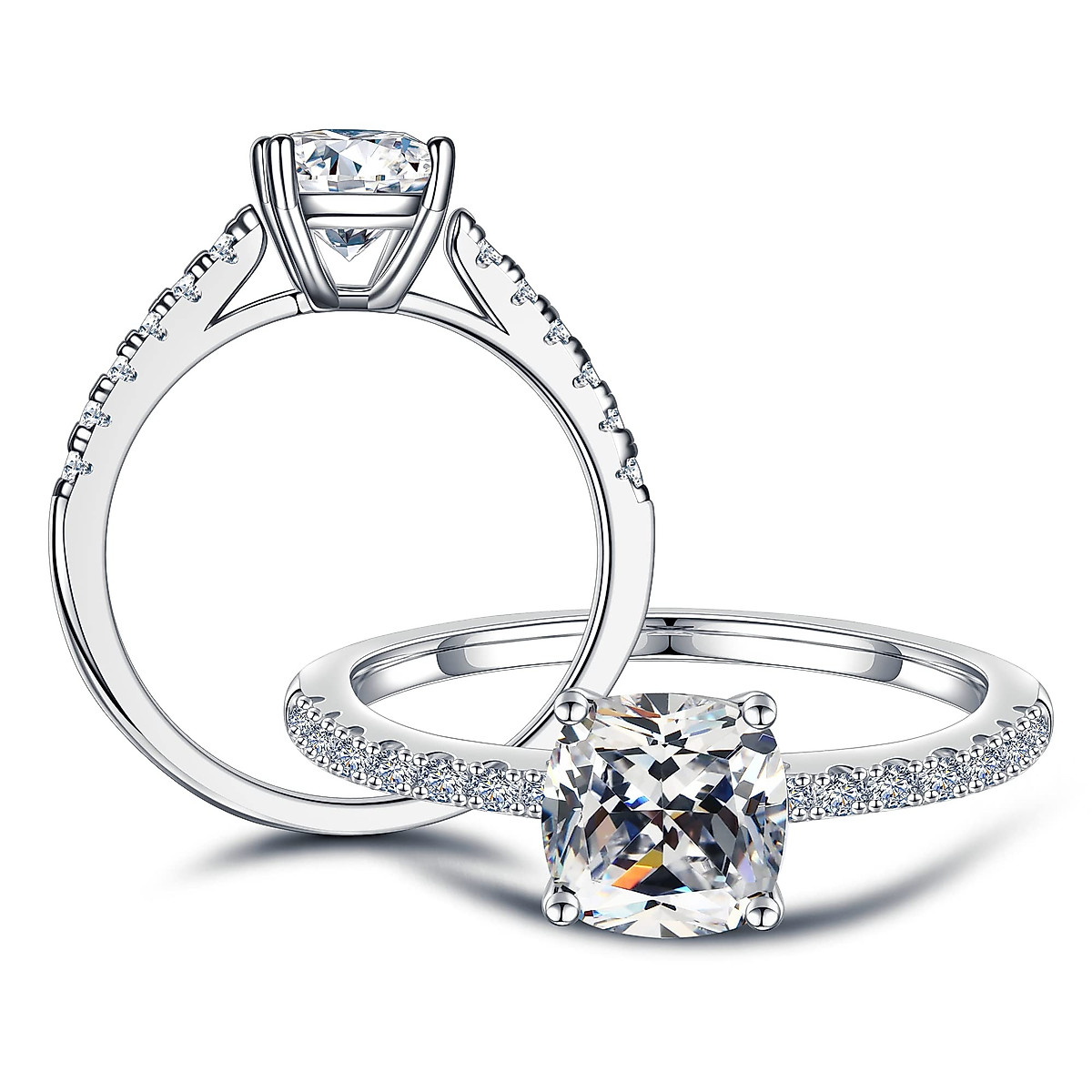 SMILEST 1.5ct Cushion Moissanite Ring for Women, D Color VVS1 Clarity Lab Created Diamond Sidestone Ring 18K White Gold Plated S925 Sterling Silver Moissanite Engagement Rings for Women Jewelry Gifts