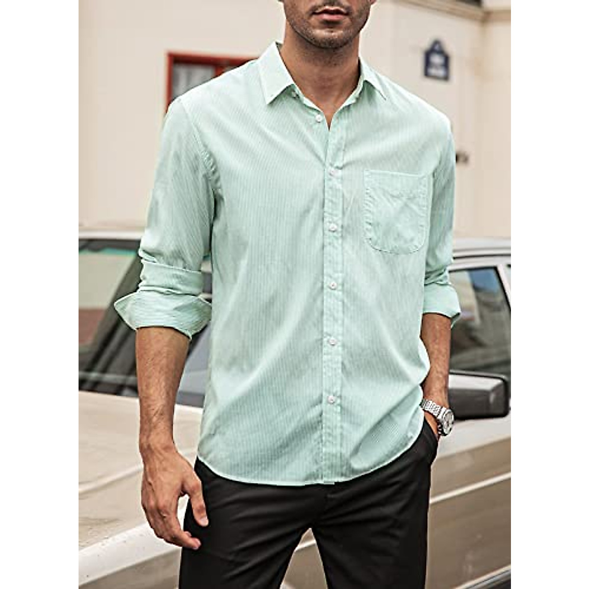 JMIERR Mens Slim Fit Casual Button Down Dress Shirts Pinpoint Stripe Long Sleeve Fall Shirt US 37.5(S),Green