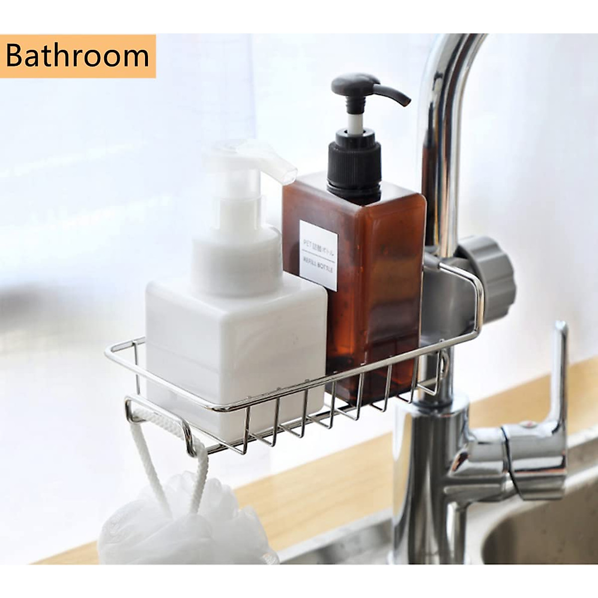 Faucet Storage Rack Sponge Holder, Stainless Sink Caddy Organizer for Kitchen & Bathroom Accessories, Hanging Storage Rack, Soap Dish Brush Drainer Rack