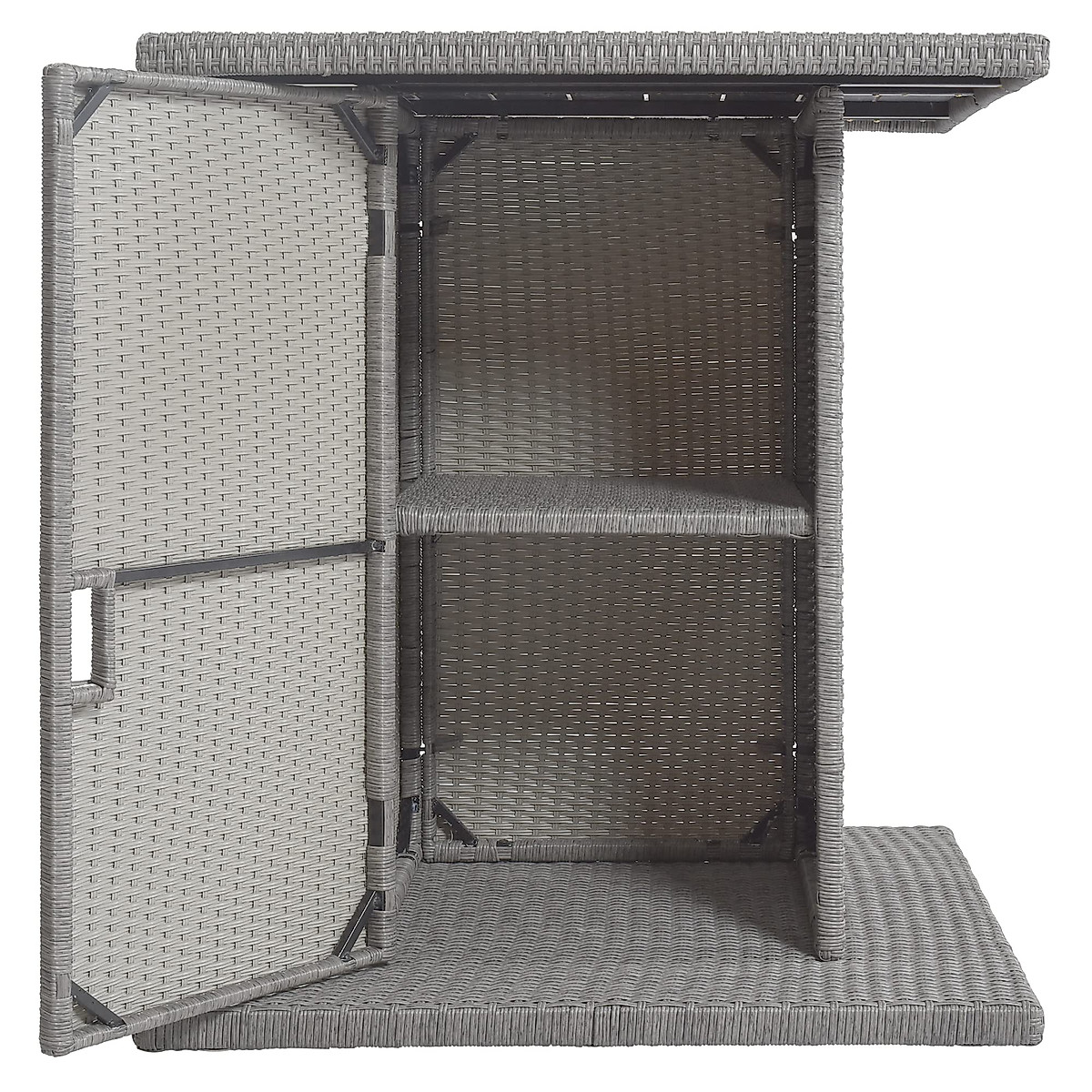 Lepfun Patio Bar Counter Height Bistro, Outdoor 5-Piece PE Rattan Dining Set, All-Weather Wicker Square Kitchen Table with Storage Shelf and 4 Padded Stools, Grey