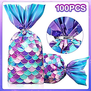 Frienda 100 Pcs Mermaid Party Favors Bags Goodie Candy Wide Bottom Cellophane Treat with Silver Twist Ties for Birthday Girls Supplies (Elegant Style)