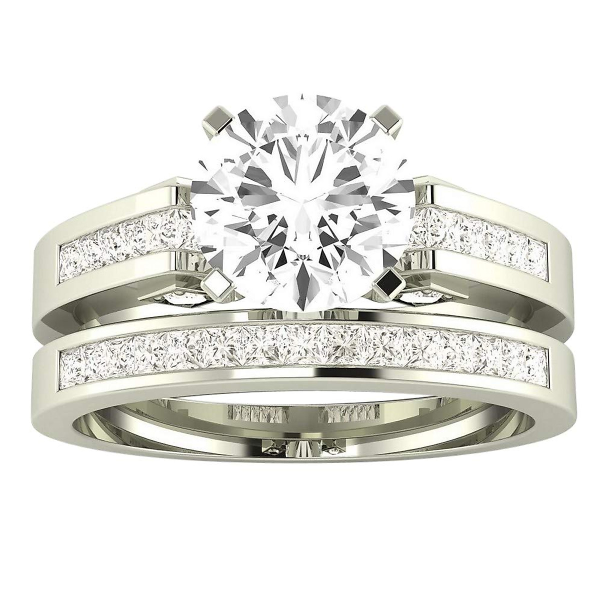 Houston Diamond District 3 Carat Lab 14K White Gold Synthetic Lab Grown Round Channel Set Princess Wedding Bridal Set IGI Certified Diamond Engagement Ring (2 Ct, H-I Color, VS1-VS2 Clarity Center)