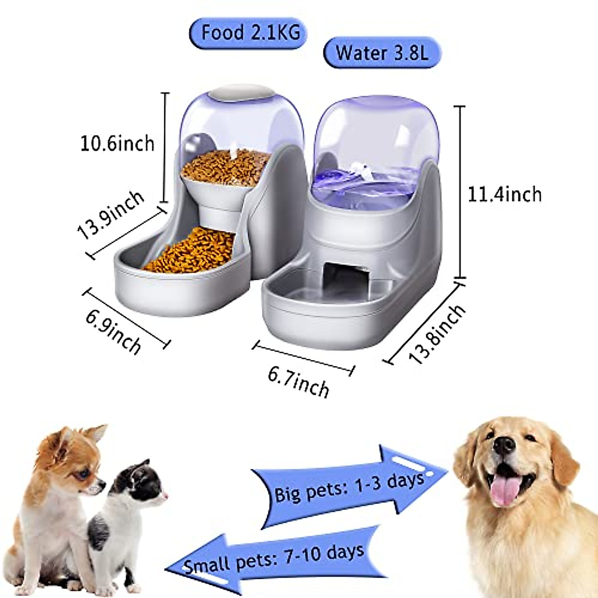 Automatic Pet Feeder and Waterer Cat Dog Gravity Food Bowl Set 3.8 L with 1 Water Dispenser and 1 Food Feeder for Small, Medium & Big Pets (Gray)