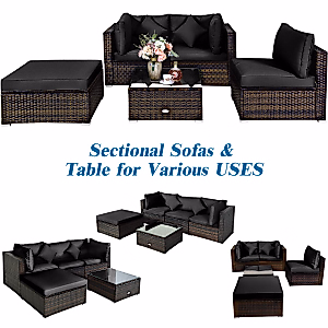 Tangkula 5 Piece Patio Rattan Furniture Set, Outdoor Sectional Rattan Sofa Set with Back & Seat Cushions, Wicker Conversation Set with Tempered Glass Table for Backyard Porch Poolside (Black)