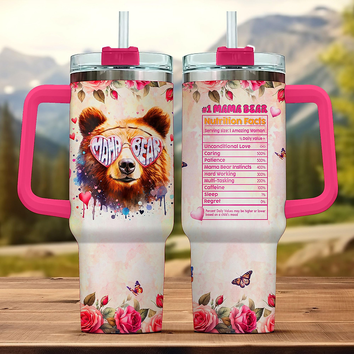Mama Bear Rose Floral Color, Tumbler 40 Oz With Handle Lid And Straw, Cup Be Mommy Camelia For Nutrition Flower Funny Mother Day Quartz Handle Eleven Red, Mama Bear Gifts