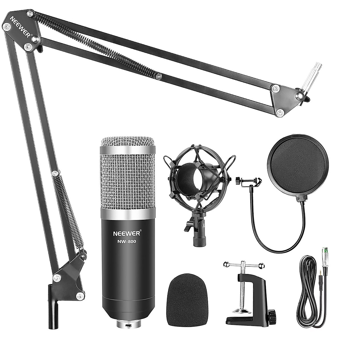 Neewer NW-800 Silver Professional Studio Broadcasting Recording Condenser Microphone & NW-35 Adjustable Recording Microphone Suspension Scissor Arm Stand with Shock Mount and Mounting Clamp Kit