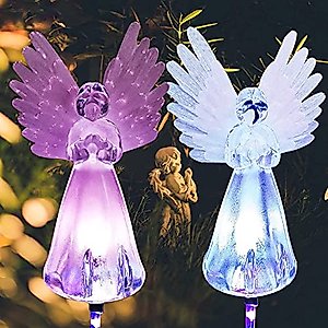 Rirool 2 Pack Solar Angel Lights, Solar Powered Garden Stake Lights, Multi-Color Changing Angel Decorative Lights for Cemetery Grave Yard Patio Outdoor Decoration Memorial Gifts