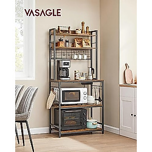 VASAGLE Hutch Bakers Rack with Power Outlet, 14 Hooks Microwave Stand, Adjustable Coffee Bar with Metal Wire Panel, Kitchen Storage Shelf, 15.7 x 31.5 x 66.9 Inches, Rustic Brown and Black UKKS025B01