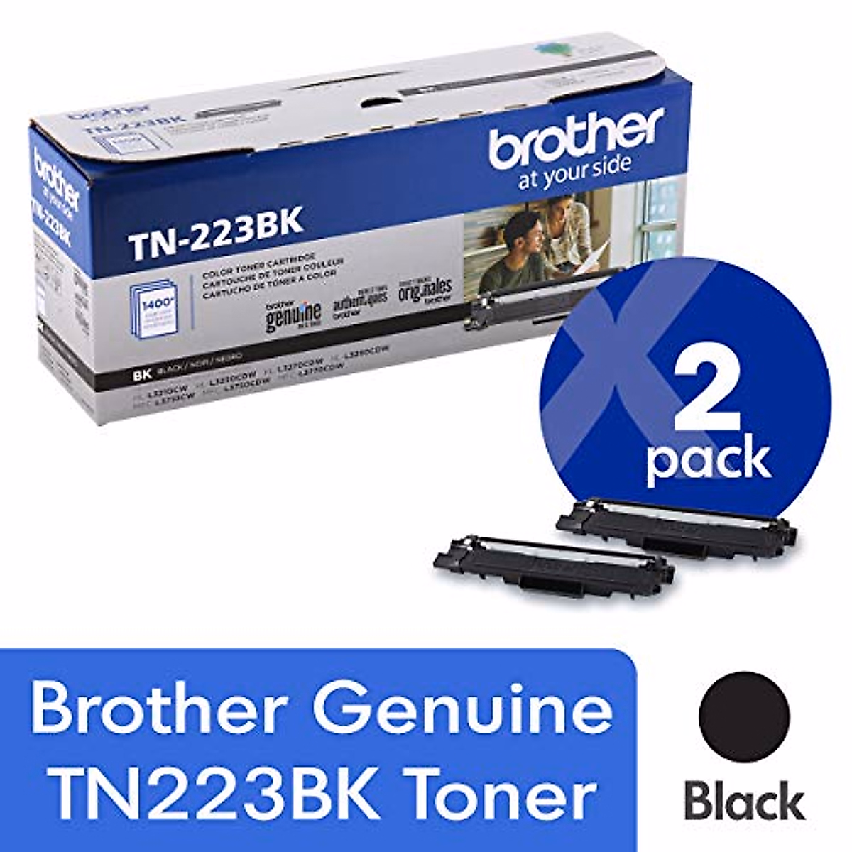 Brother Genuine TN223BK 2-Pack Standard Yield Black Toner Cartridge with Approximately 1,400 Page Yield/Cartridge