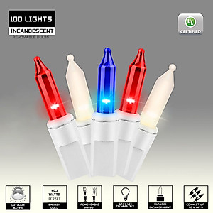 JUSTPRO 100LIGHTS RED White and Blue Extra-Bright with End Connectors 4th July Decoration Patriotic Mini String Lights 5.98m UL Certified Waterproof for Home Garden Holiday Tree Party Patio