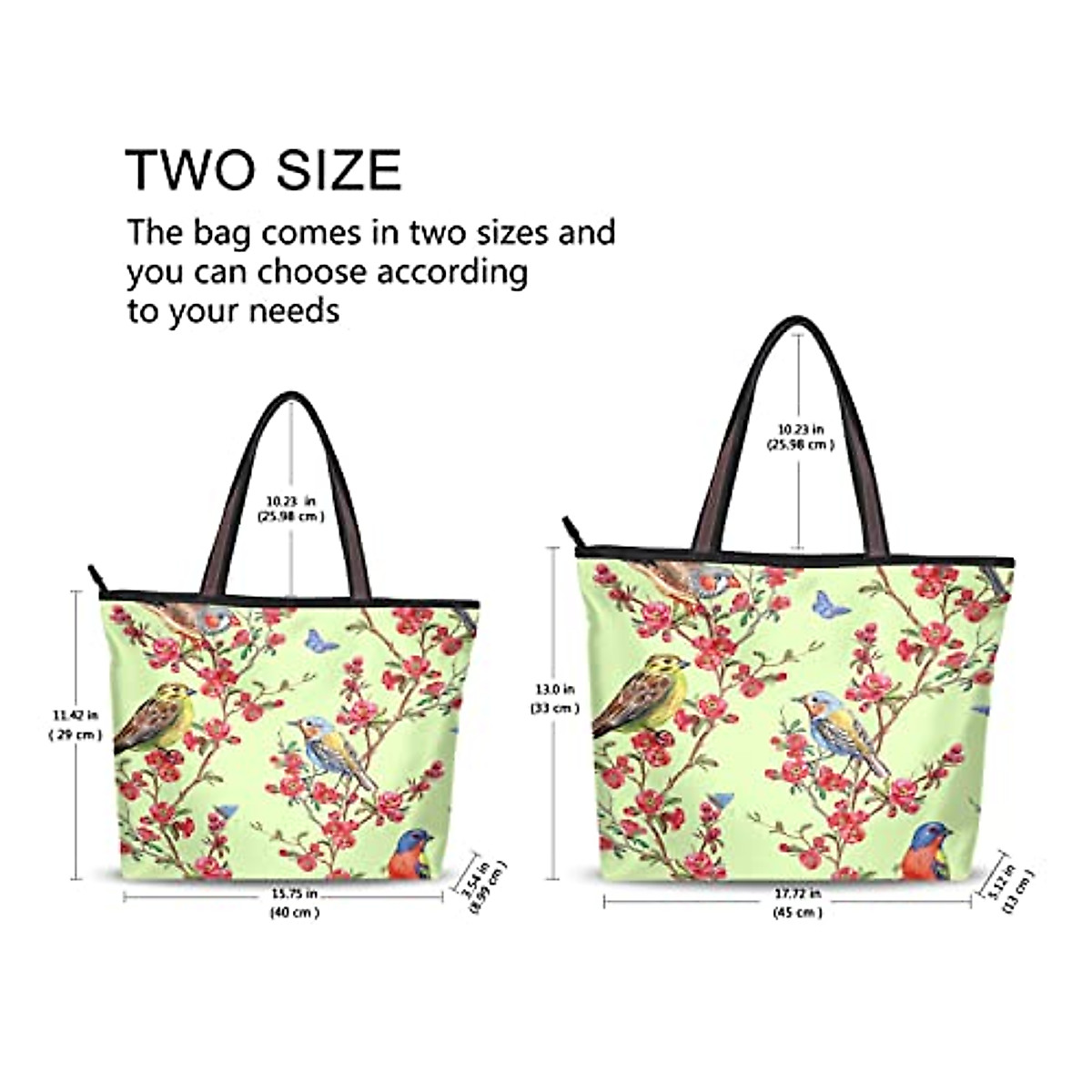 Flower Tote Bag with Zipper Long Handles Bird Floral Handbag Shoulder Bag