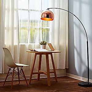 Teamson Home Arquer Real Marble Base Modern LED Arc Floor Lamp Tall Standing Hanging Light with Bell Shade for Living Room Reading Bedroom Home Office, 67 inch Height, Rose Gold