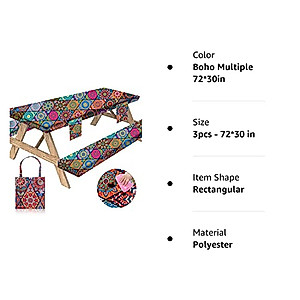 Sotue Picnic Table Cover with Bench Covers 3 Piece Set Elastic Fitted Rectangle Tablecloths Camp Tables Seat Cloth Polyester Oilcloth Vinyl Clothes for Outdoor Waterproof Camping 72x30 Inch Multiple