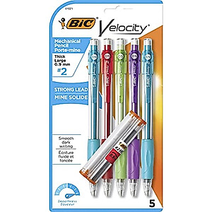 BIC Velocity Strong Lead Mechanical Pencils, With Colorful Barrel, Thick Point (0.9mm), 5-Count Pack Mechanical Pencils With Erasers