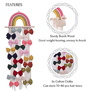 Boho Macrame Bow Holder & 20 Colors Linen Pigtail Bows | Wall Hanging Hair Clip Headband Rainbow Hanger Organizer Piggy Pig Tails Barrettes (Rainbow A)