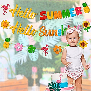 Hello Summer Hello Sunshine Banner for Summer Hawaiian Tropical Flamingo Pineapple Sunflower Beach Theme Holiday Happy Birthday Wedding Bachelorette Engagement Bridal Shower Party Supplies Glitter Decorations