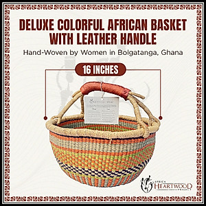 Africa Heartwood Project - Deluxe Colorful African Basket with Leather Handles - Handmade from dried Elephant Grass, Hand-Woven by Women in Bolgatanga, Ghana - Large 16" Round (Flat-packed)