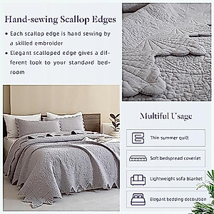 CozyTide Grey King Size Quilt Bedding Sets(110"x98"),Cotton Bedspreads Coverlet King Size 3pcs (1 Elegant Scalloped Edge Gray Quilt and 2 Pillow Shams) Farmhouse Cotton Quilts California King Summer