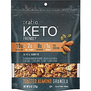 Ratio Toasted Almond Granola Cereal, 2g Sugar, Keto Friendly, 8 OZ Resealable Cereal Bag