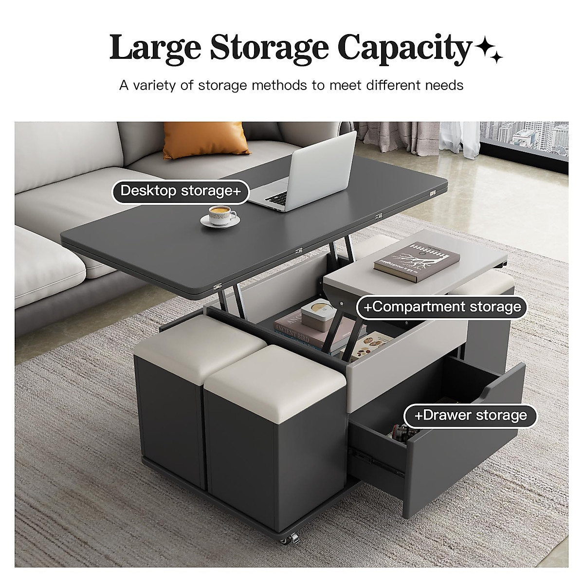 GraceNook 3 in 1 Mutifunction Coffee Table, Lift Top Coffee Table with 4 Seats, Coffee Table with Storage Lift Up Pu Stools,Coffee Table Converts to Dining Table for Living Room, Bedroom