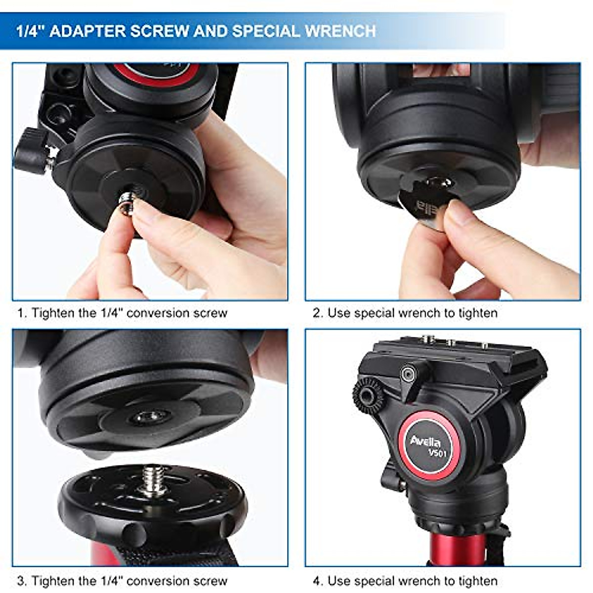 Avella Video Tripod Fluid Head with Quick Release Plate, Lightweight Heavy Duty Compatible with Manfrotto,Max Load 13.2lb/6kg for Video Canon Nikon Sony Olympus Panasonic DSLR Camera, V501