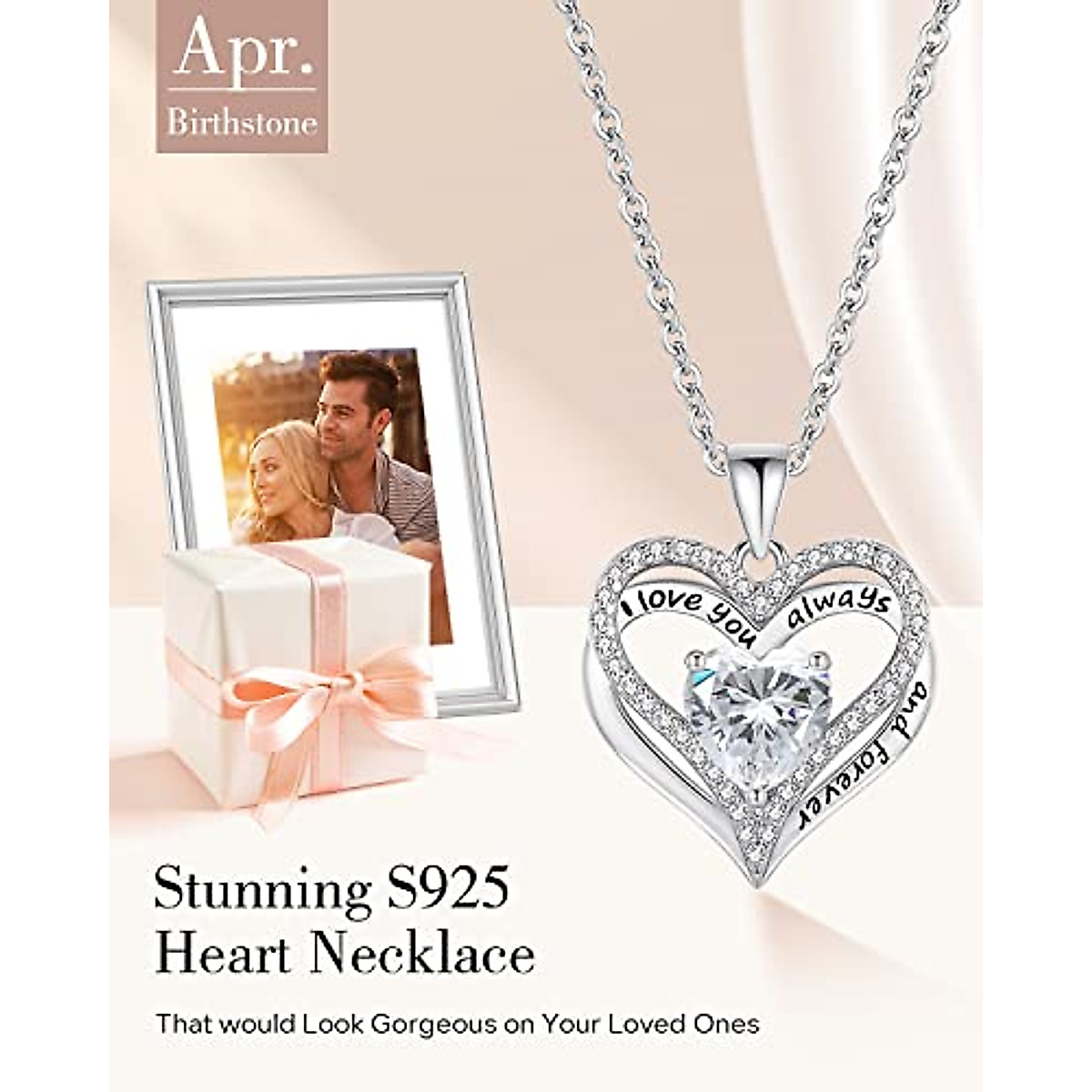 S925 Sterling Silver Necklace for Women, Birthday Necklaces Gifts for Wife Girlfriend, Wedding Anniversary Jewelry 18K White Gold Filled, Unique Love Gift for Her, April