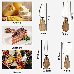 4-Piece Cheese Knife Set Butter Spreader Knives for Charcuterie Board, Acacia Wooden Handle Stainless Steel Cheese Knives with Cheese Slicer Cheese Cutter Cheese Shaver Cheese Fork