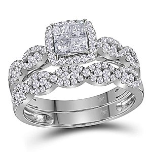 14kt White Gold Womens Princess Diamond Halo Bridal Wedding Engagement Ring Band Set 1.00 Cttw