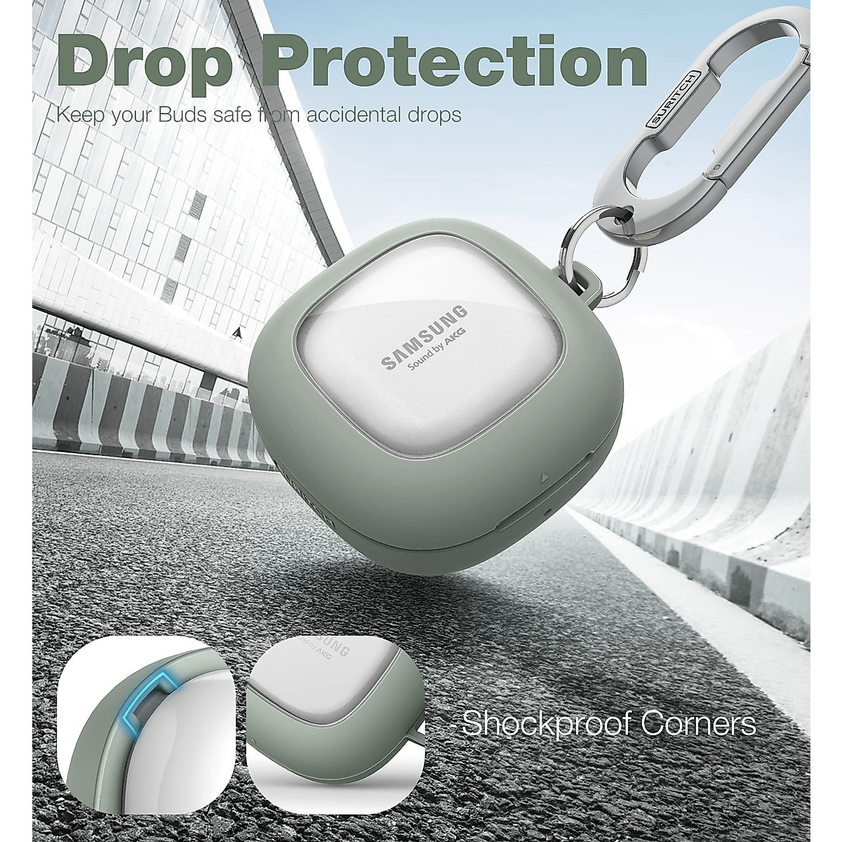 SURITCH Protective Case for Samsung Galaxy Buds FE(2023)/Buds 2 Pro(2022)/Buds 2(2021)/Buds Pro(2021)Buds Live(2020), Shockproof Sturdy Earbuds Cover for Charging Case with Heavy-Duty Carabiner, Green