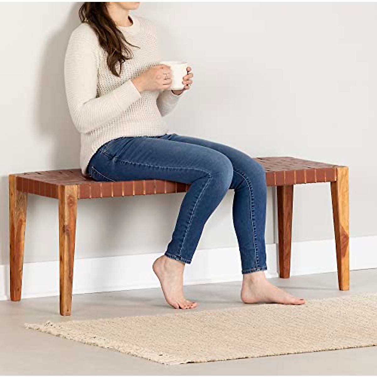 South Shore Balka Woven Leather Bench, Brown