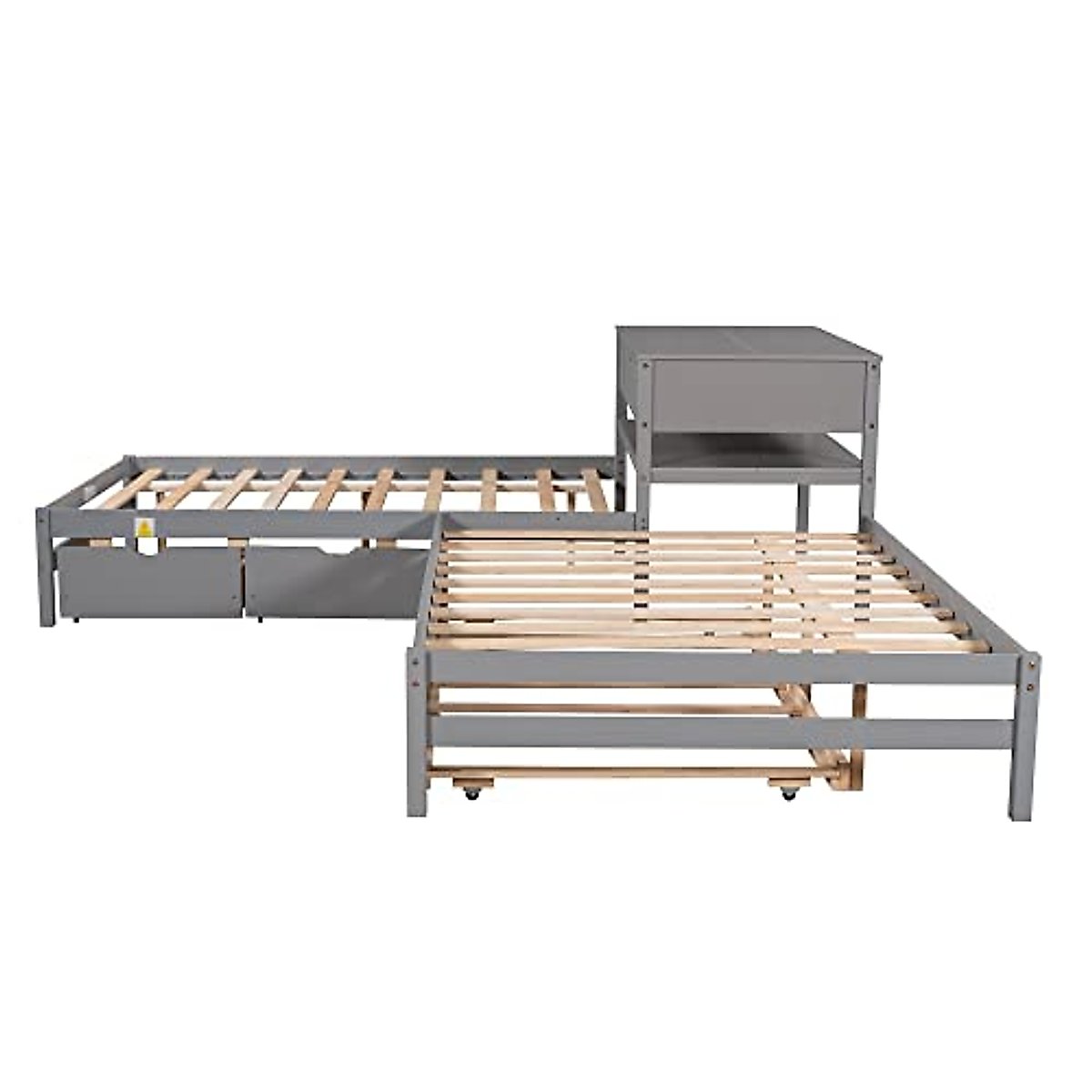 MOEO L-Shaped Full Size Platform Bed with Trundle and Drawers Linked w/ Built-in Desk for Kids, Bedroom, Teens, Adults, No Box Spring Needed, 3 Wood Bedframe in 1, Gray