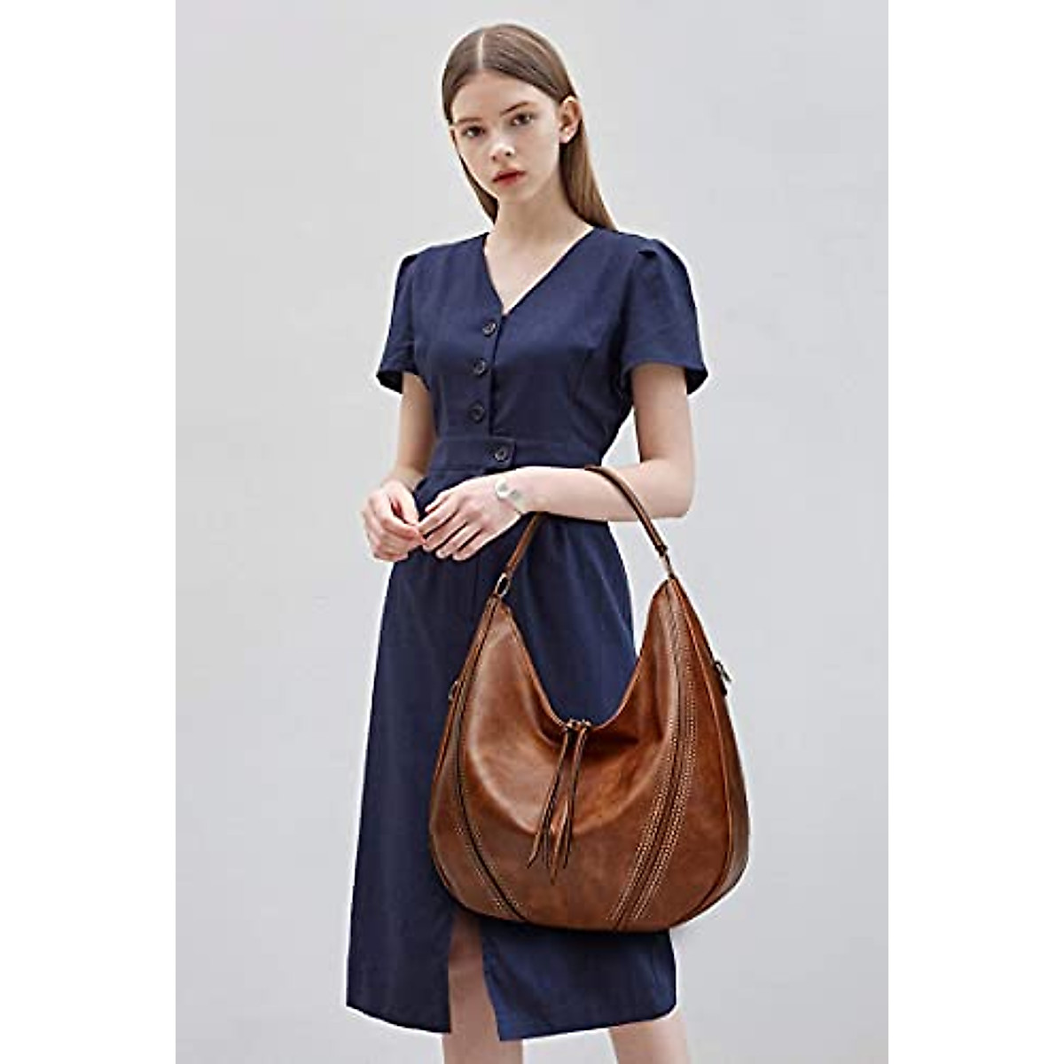 Hobo purses for Women Large Crossbody Bags Boho Satchel Bags with Tassel Ladies Leather Handbags with Crossbody Strap 2PC Retro Black