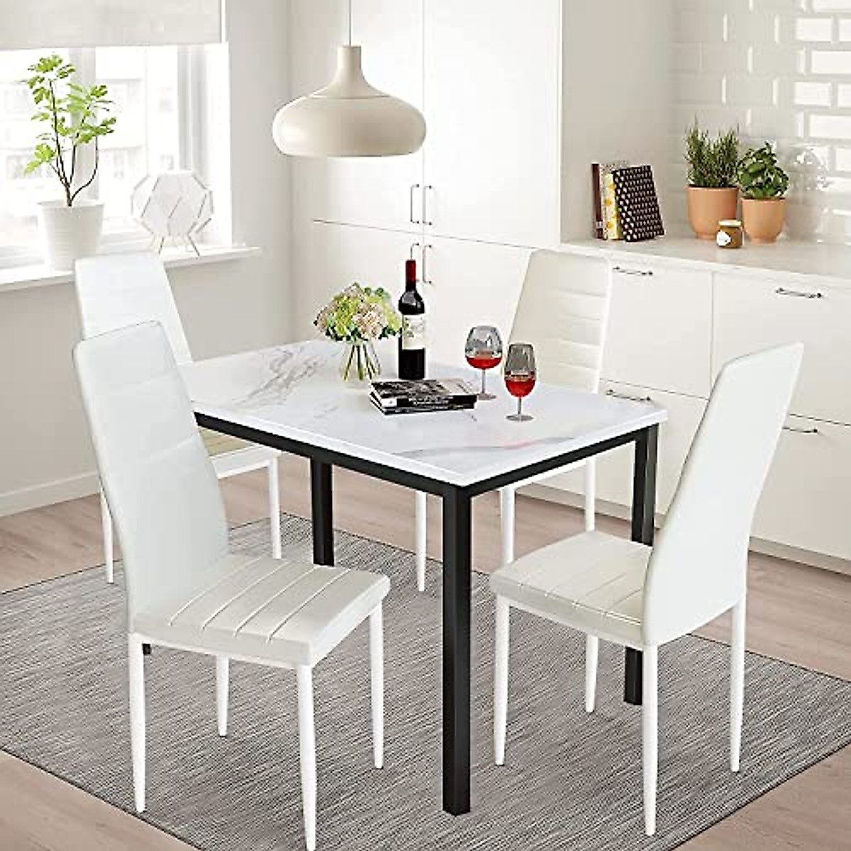 tantohom Marble Top Style Dining Table Set for 4, Metal Frame Furniture Kitchen Table and Chairs for 4, Dinette Breakfast Nook Table Set with 4 Pu Leather Chairs for Dining Room…