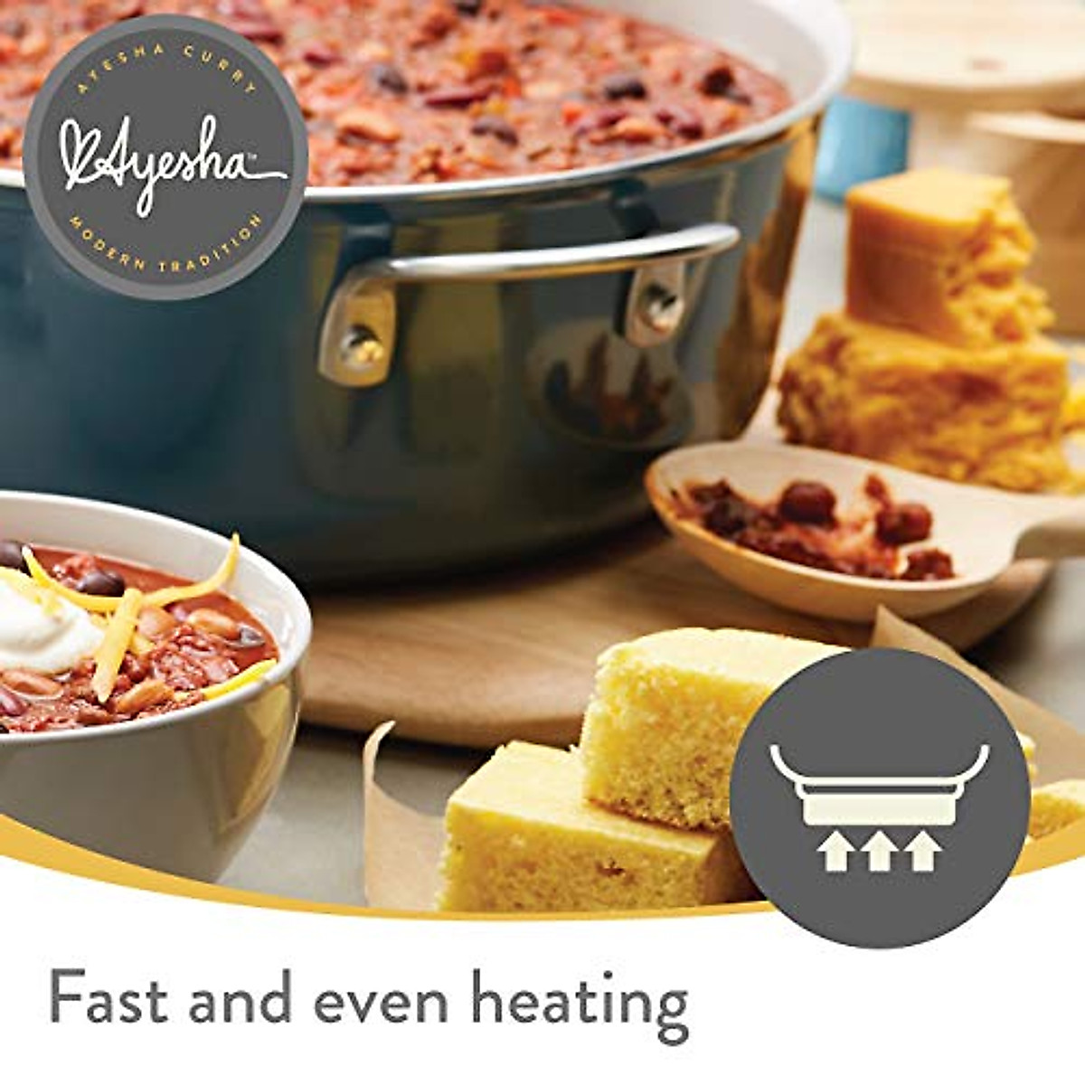 Ayesha Curry Home Collection Porcelain Enamel Nonstick Covered Deep Skillet With Helper Handle, 12 Inch Frying Pan with Glass Lid, Sienna Red