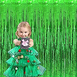 Green Tinsel Foil Fringe Curtain Party Backdrop Decorations for Christmas Graduation Birthday Wedding Engagement Bridal Baby Shower Bachelorette Holiday Celebration, Green Photo Booth Props - 2 Packs