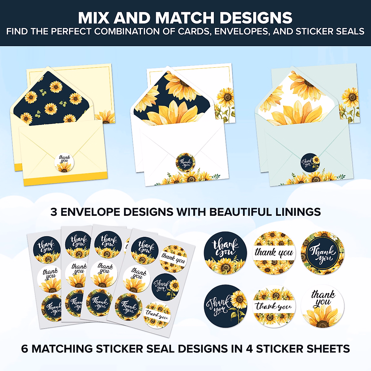 24 Pack Sunflower Thank You Cards with Envelopes & Stickers - 6 Designs Blank Inside Thank You Cards Sunflower Wedding Thank You Cards with Envelopes, 6x4" Bridal Shower Thank You Cards Rustic