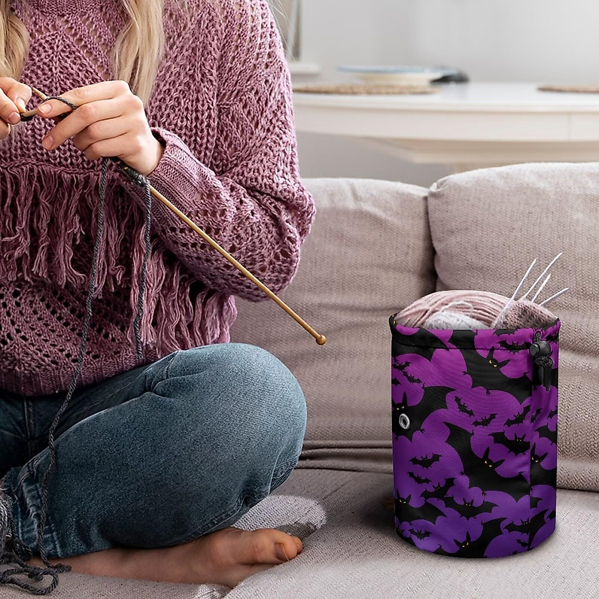 Sellikakes Halloween Purple Bat Small Yarn Storage Bag, Mini Knitting Bag Yarns Drum Case for Carry Yarn Ball, Crochet Kits, Knitting Supplies and Sewing Accessories,