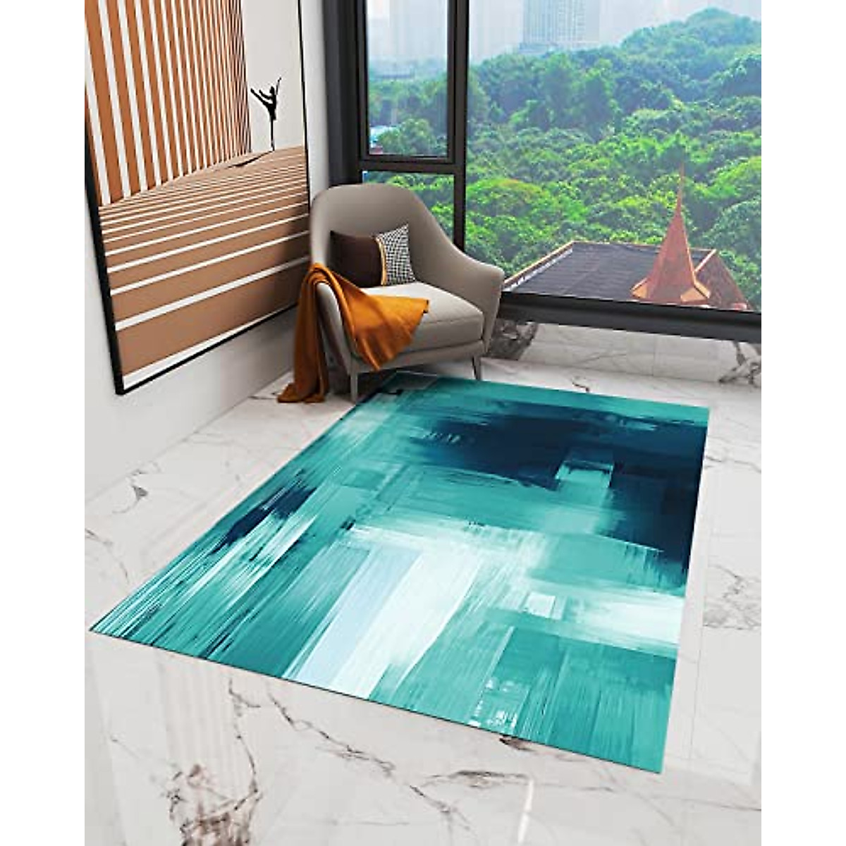 Anzona Painting Teal Indoor Area Rug 3 Ft x 5 Ft, Green Modern Abstract Art Non-Slip Runner Rug for Kids Room, Ombre Oil Print Texture Living Room Bedroom Bathroom Decor Floor Carpets