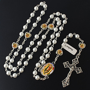 HanlinCC Glass Pearl Beads Our Lady of Guadalupe Epoxy Heart Metal Beads Rosary Necklace pack in Velvet Bag with Pray Card (White)