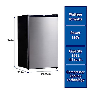 Koolatron Stainless Steel Compact Fridge with Freezer, 4.4 cu ft (124L), Silver and Black, Flat Back, Reversible Door, for Snacks, Frozen Meals, Beverages, Beer, Den, Dorm, Office, Rec Room, Home Bar