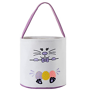 E-FirstFeeling 2 Pack Easter Bunny Basket for Kids Egg Hunt Bunny Baskets Canvas Easter Basket Bucket Tote for Easter Candy (Green Purple)