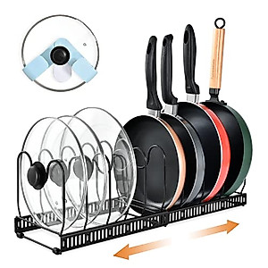 aceyoon Expandable Pots and Pans Organizer Under Cabinet with 10 Adjustable Compartment, Kitchen Pot Lid Organizer, Pan Rack Holder for Kitchen Cabinet Pantry Cookware Baking Frying Rack