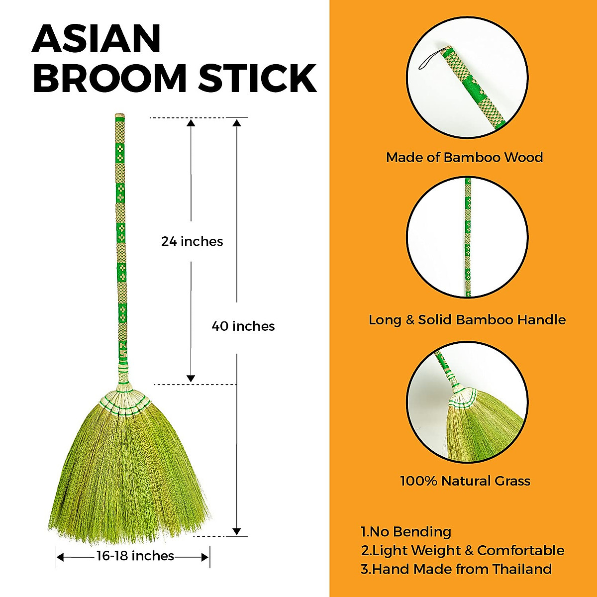 SN SKENNOVA Asian Broom -Beautiful Handmade Retro Grass Broom with Traditional Thai Embroidery On 24" Bamboo Handle, Thick & Sturdy for Unique Wall Decor & Cleaning.