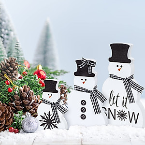 Whaline 3Pcs Christmas Snowman Wooden Decorations Black White Snowman Wood Centerpiece with Plaid Ribbon Xmas Tiered Tray Decor Rustic Snowman Blocks for Xmas Home Mantel Fireplace Tabletop Decor