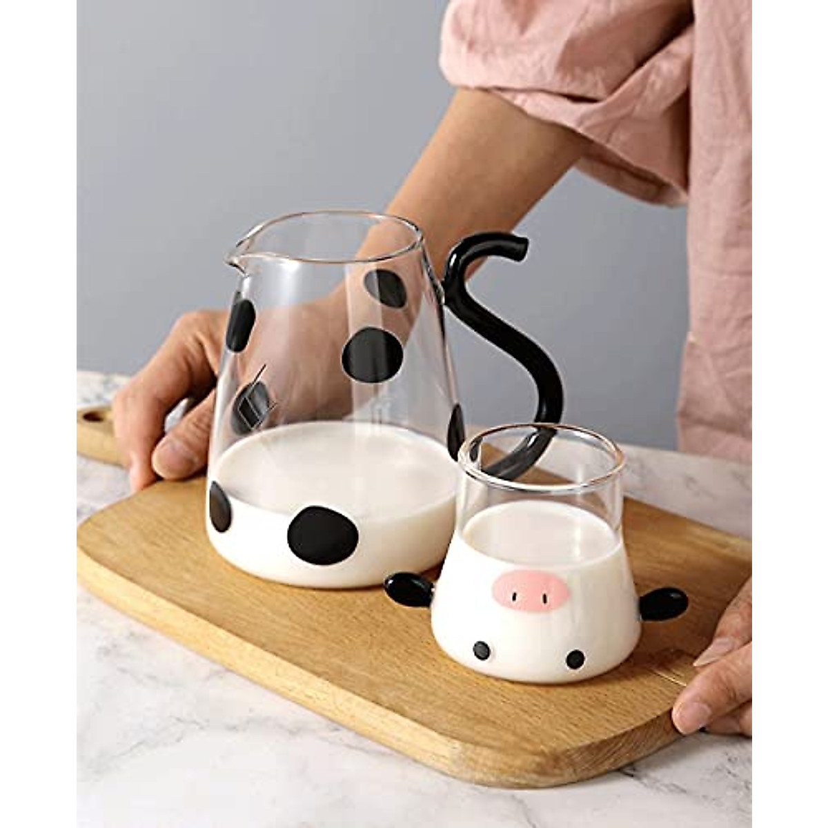 RockTrend Cartoon Cow Clear Glass Bedside Night Water Carafe Set with Tumbler, Pitcher And Cup Night Set